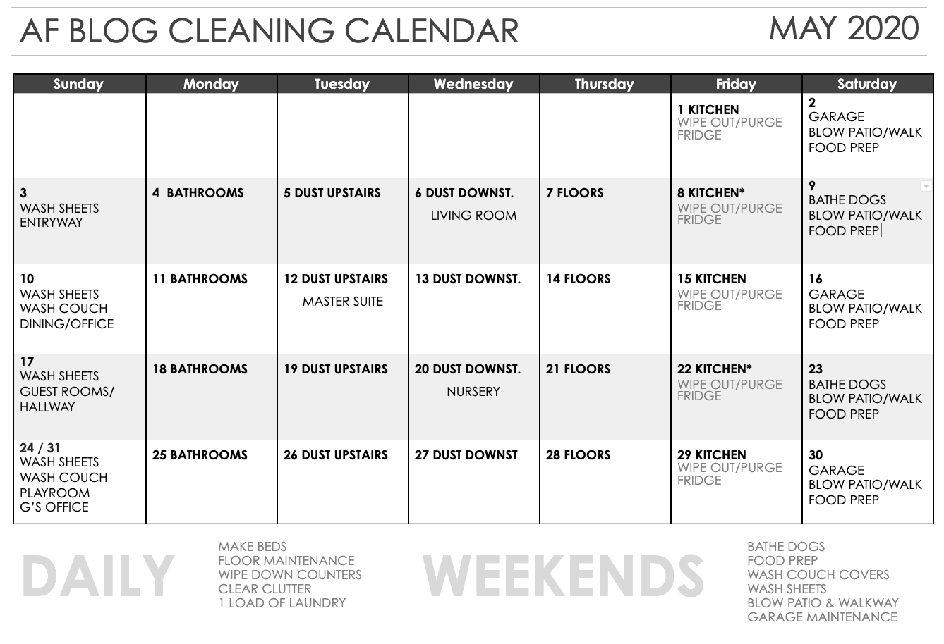 cleaning calendar: may 2020. – Amanda Fontenot – The Blog